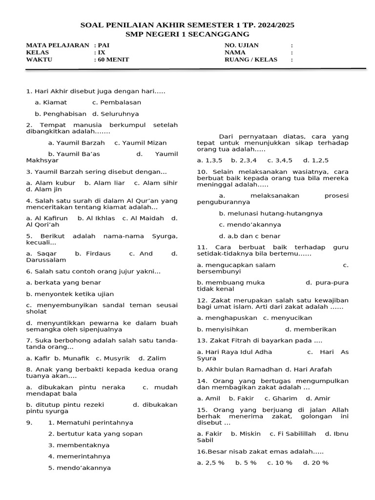 Soal Pai KLS 9 | PDF