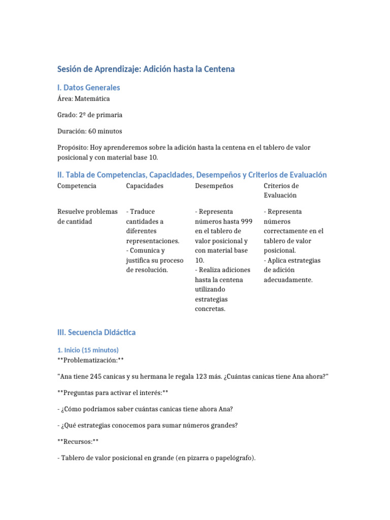 Sesion Adicion Hasta Centena | PDF | Cognición | Aprendizaje