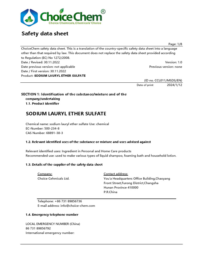 MSDS SLES 70% - 副本 (2025-05-07 22 - 22 - 35) | PDF | Personal ...
