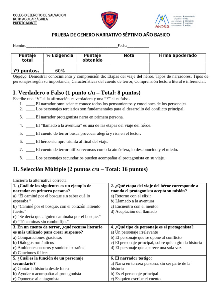 Prueba de Genero Narrativo Séptimo Año Basico | PDF | Cuentos | Narración