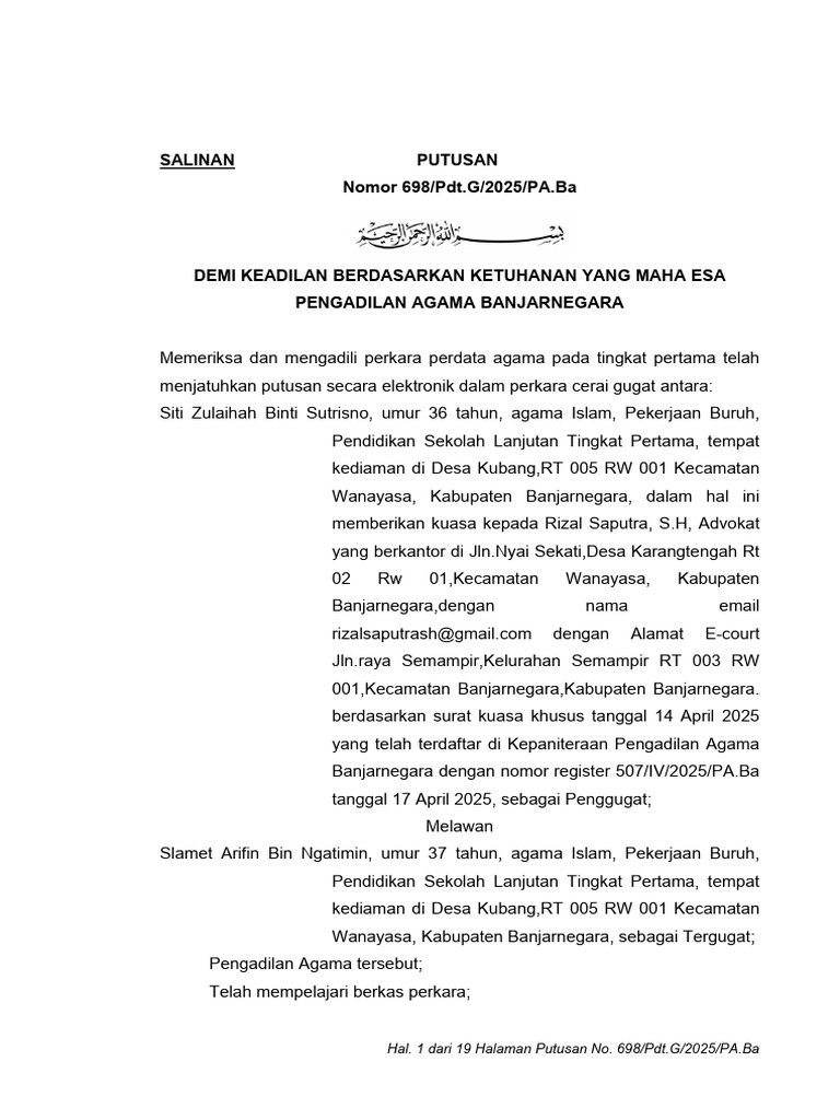 Salinan Putusan 698 PDT G 2025 PA Ba | PDF