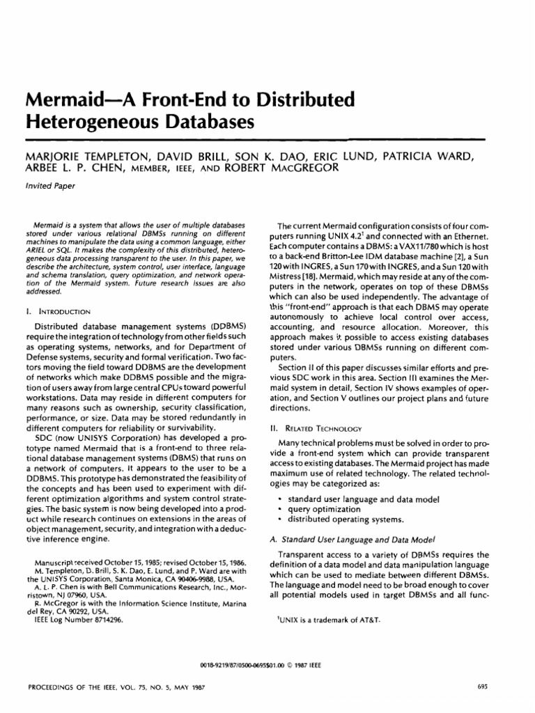 Mermaid-A Front-End To Distributed Heterogeneous Databases | PDF ...