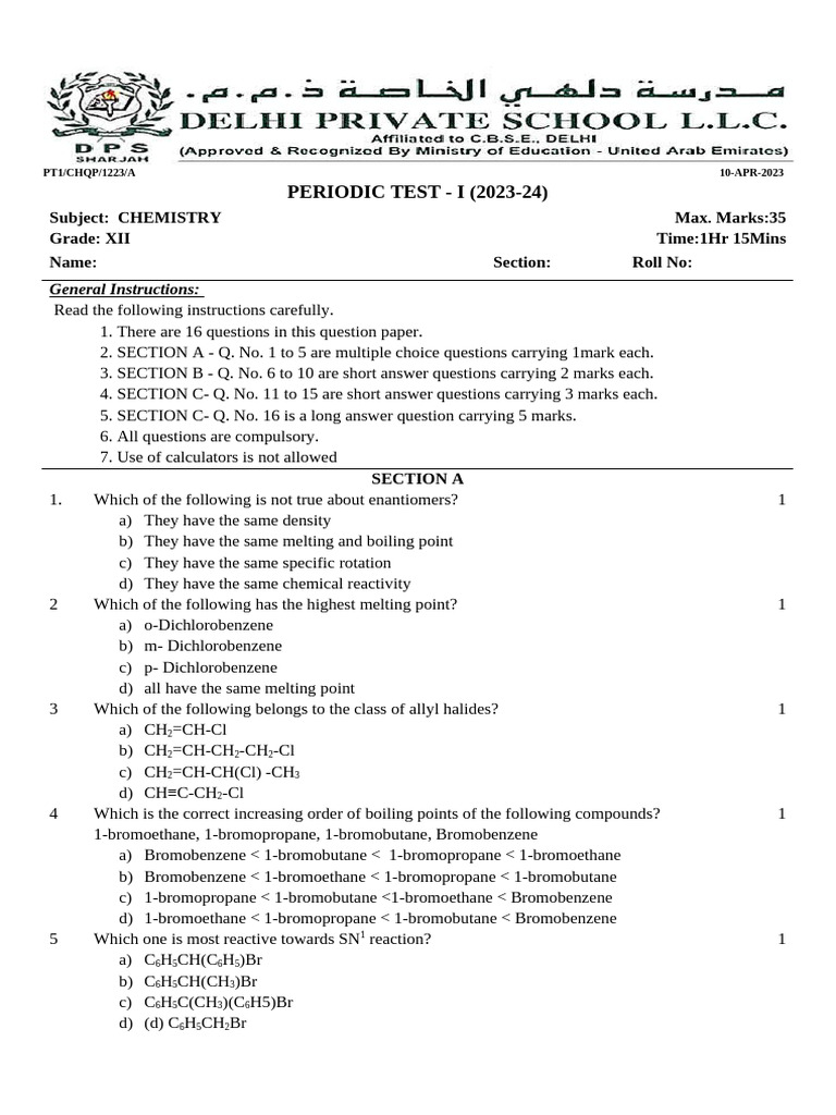 PT1_GR12_CHEM_Set1_QP_2023-24_81245 | PDF | Physical Sciences | Chemical Substances