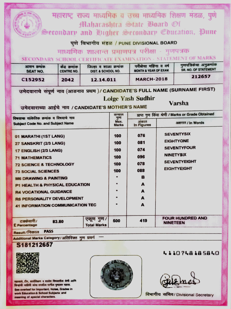 (10th Marksheet) Adobe Scan Dec 26, 2023 | PDF | Educational Stages | Student Assessment And ...