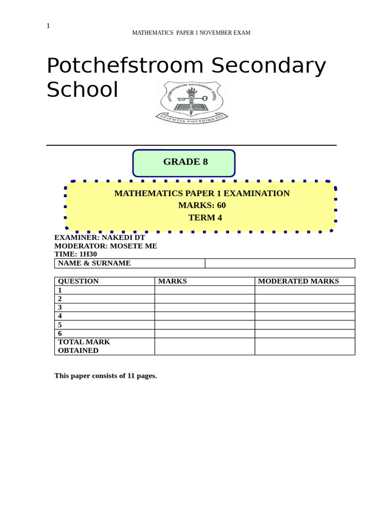 Paper 1 Final Exam Grade 8 | PDF | Multiplication | Arithmetic