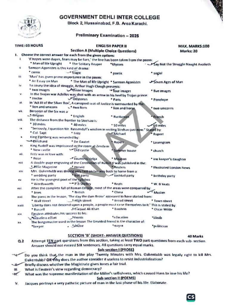 NIAZI CLASS XII ENGLISH DEHLI COLLEGE PRELIMS PAPER 2025 | PDF