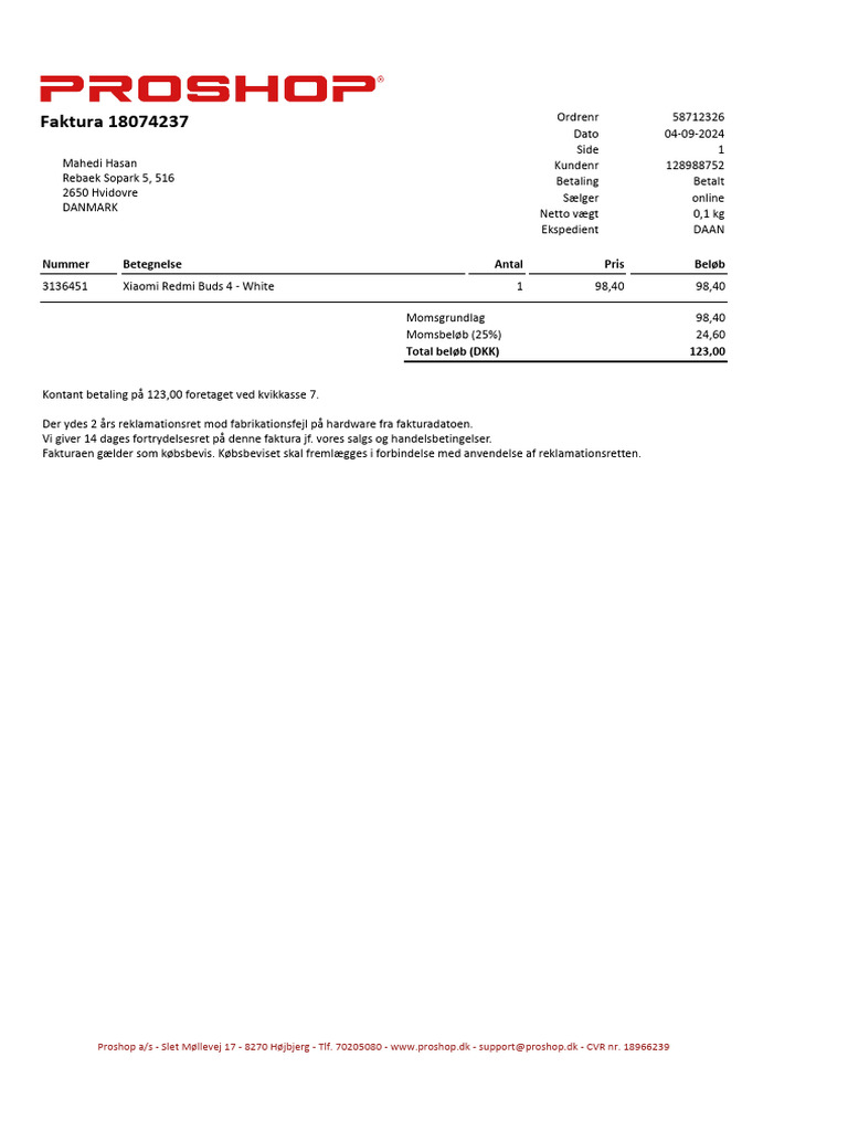 Faktura 18074237: Nummer Betegnelse Antal Pris Beløb | PDF