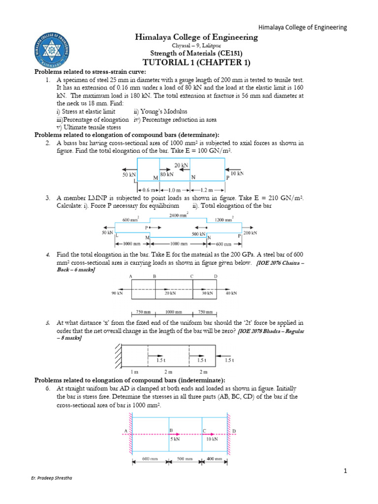 Tutoral 1 (Chapter 1) 2081 | PDF | Deformation (Engineering) | Young's Modulus