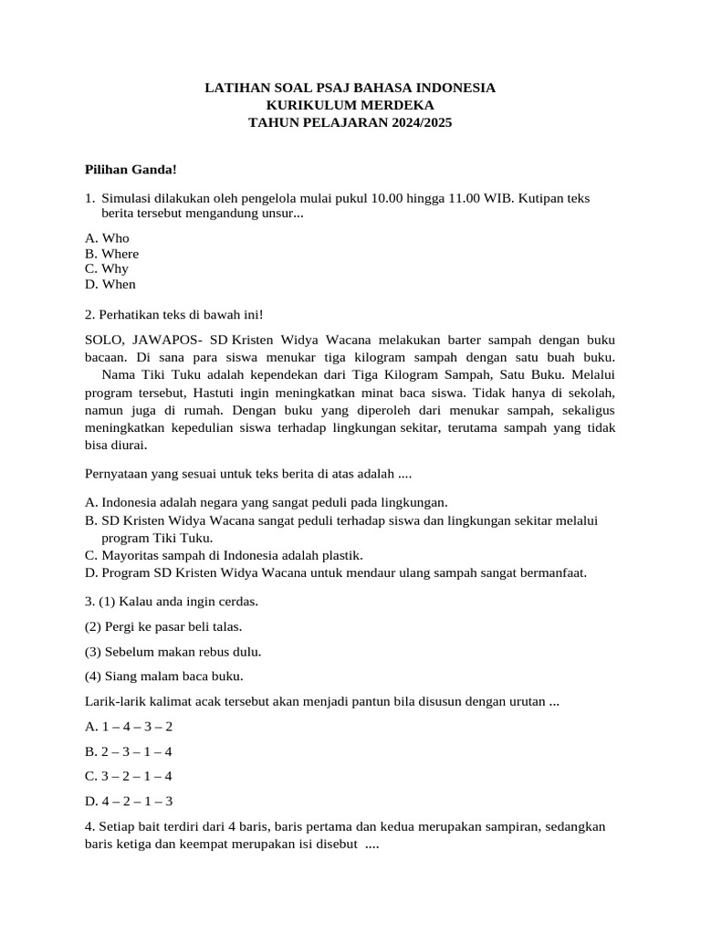 Latihan Soal Psaj Bahasa Indonesia 25 | PDF