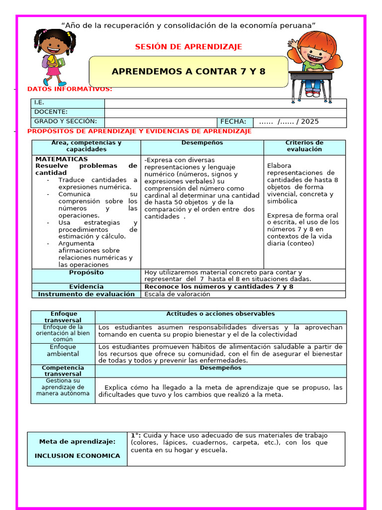1º U2 S1 Sesion D5 Mat Aprendemos A Contar 7 y 8 | PDF | Evaluación ...