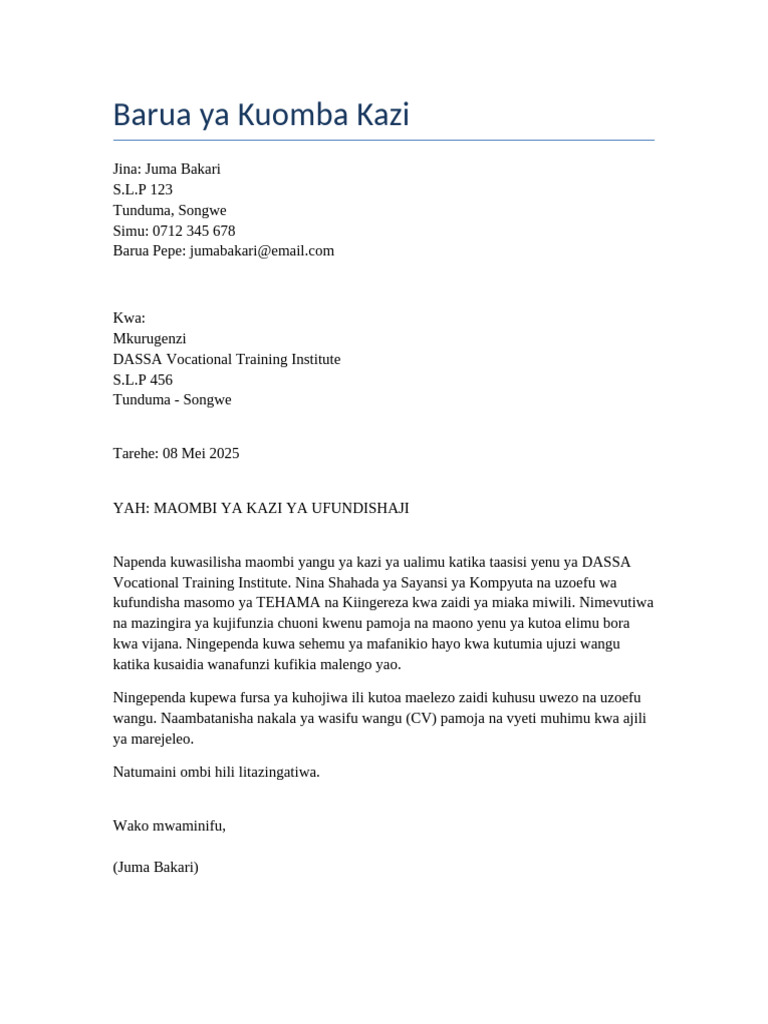 .Barua Ya Kuomba Kazi Na Maswali 1746992889000 | PDF
