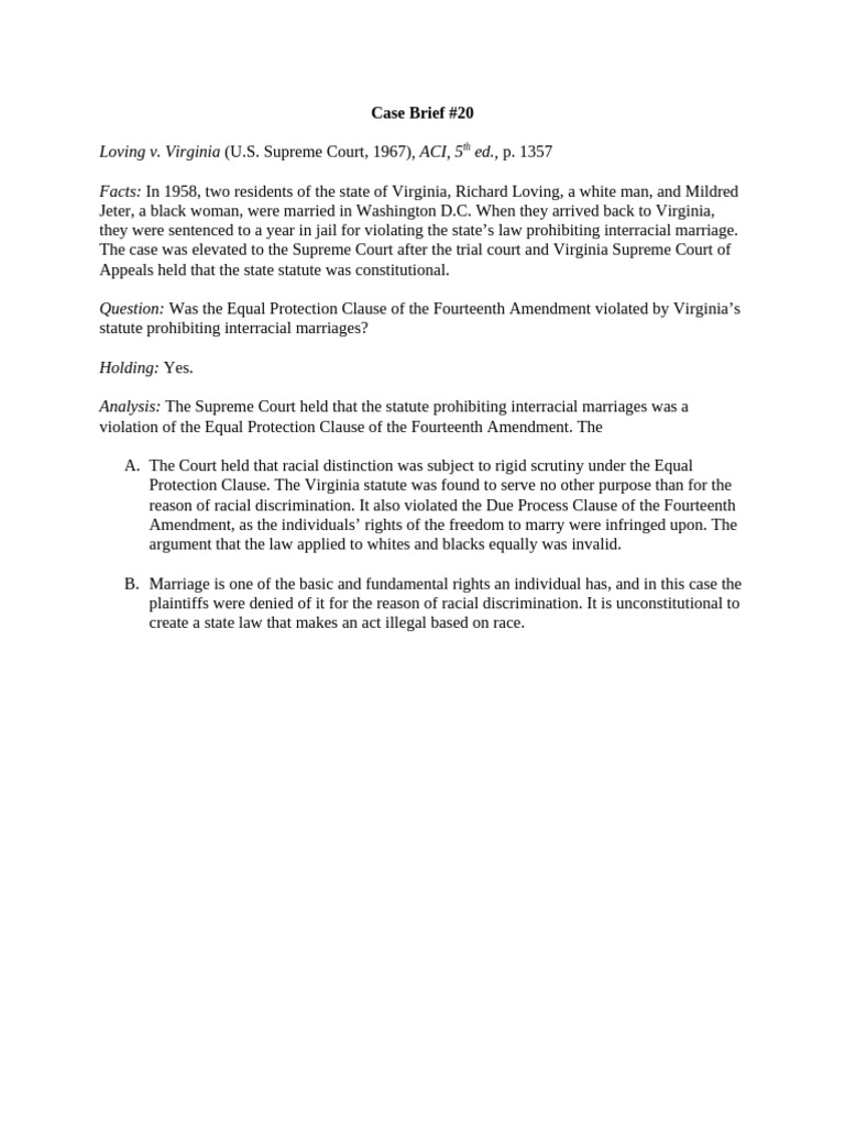 Loving v. Virginia Case Brief #20 | PDF