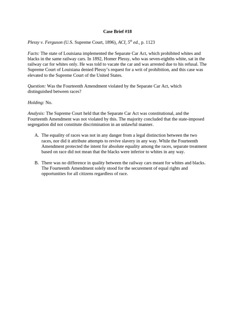 Plessy v. Ferguson Case Brief #18 | PDF