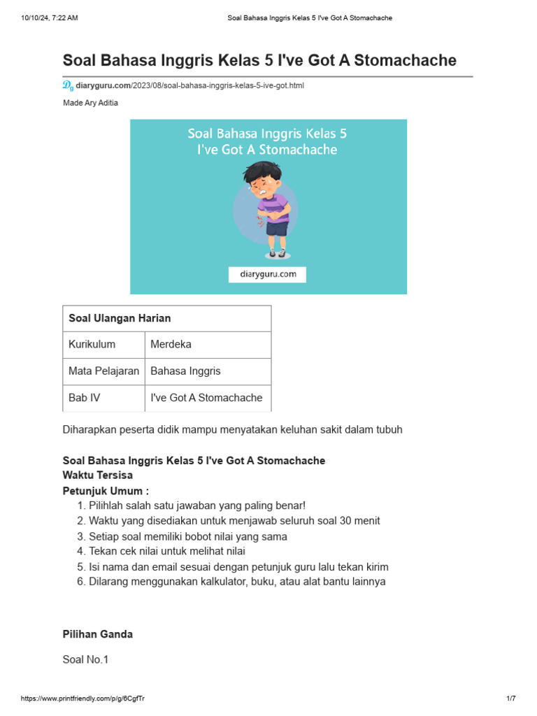 Soal Bahasa Inggris Kelas 5 I've Got A Stomachache | PDF | Pain | Symptoms And Signs