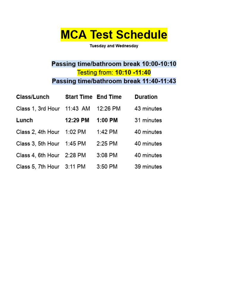 Marco Wilson - MCA Test Schedule | PDF