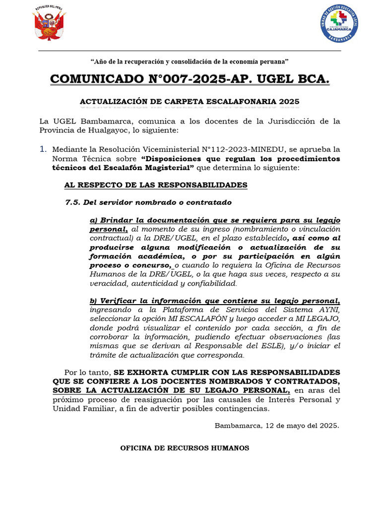 Comunicado N.° 007 - ACTUALIZACION DE LEGAJO ESCALAFON | PDF