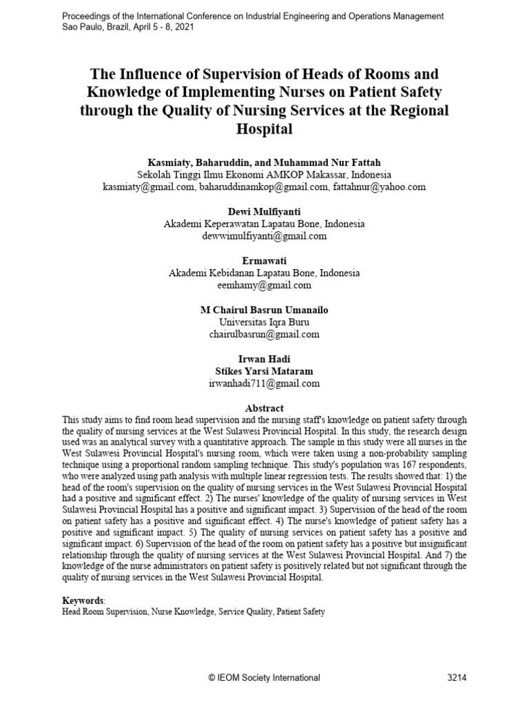 The Influence of Supervision of Heads of Rooms and Knowledge of Implementing Nurses On Patient ...