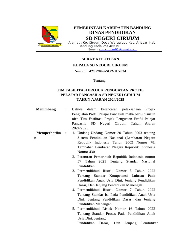 SK Tim Fasilitasi Projek | PDF