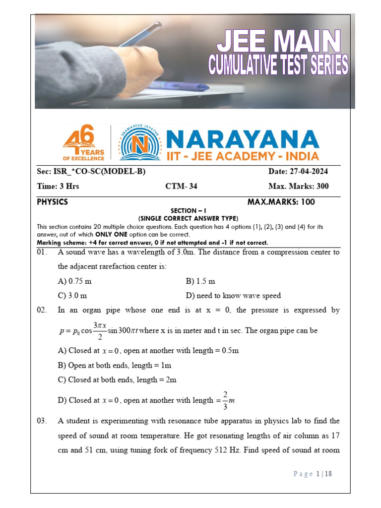 27 04 2025 Inc - Sr-Iit Star Co-Sc (Model-B) Jee-Main Ctm-34 QP | PDF | Sound | Wavelength