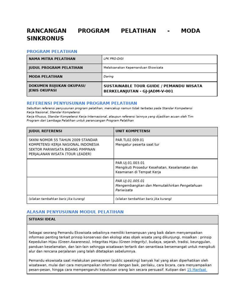 RANCANGAN PROGRAM PELATIHAN - MODA SINKRONUS - Melaksanakan Kepemanduan Ekowisata | PDF