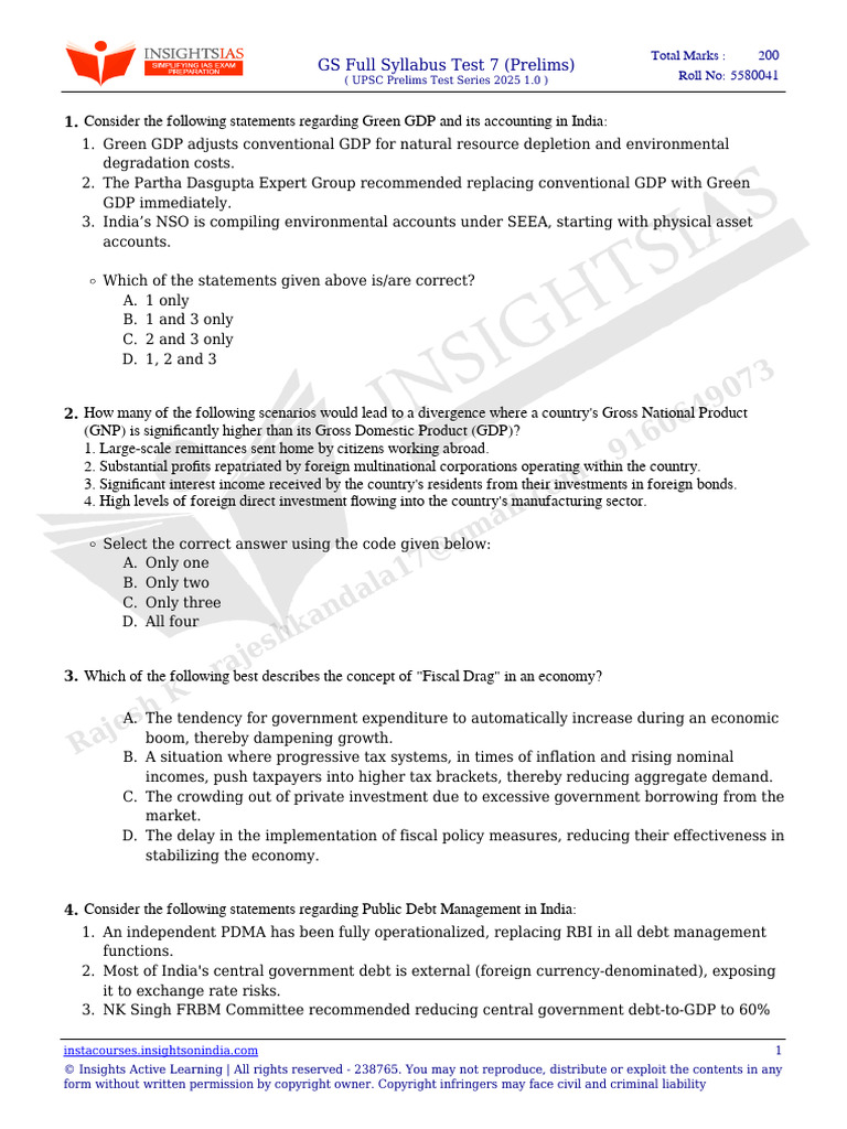 GS Full Syllabus Test 7 (Prelims) - Questions-12-May-25 01-14-43 | PDF ...