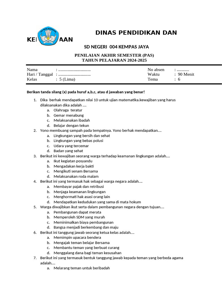 Soal Pas Tema 6 Semester 2 | PDF