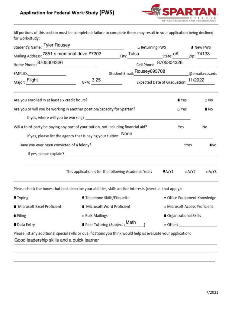 Federal Work Study Application | PDF