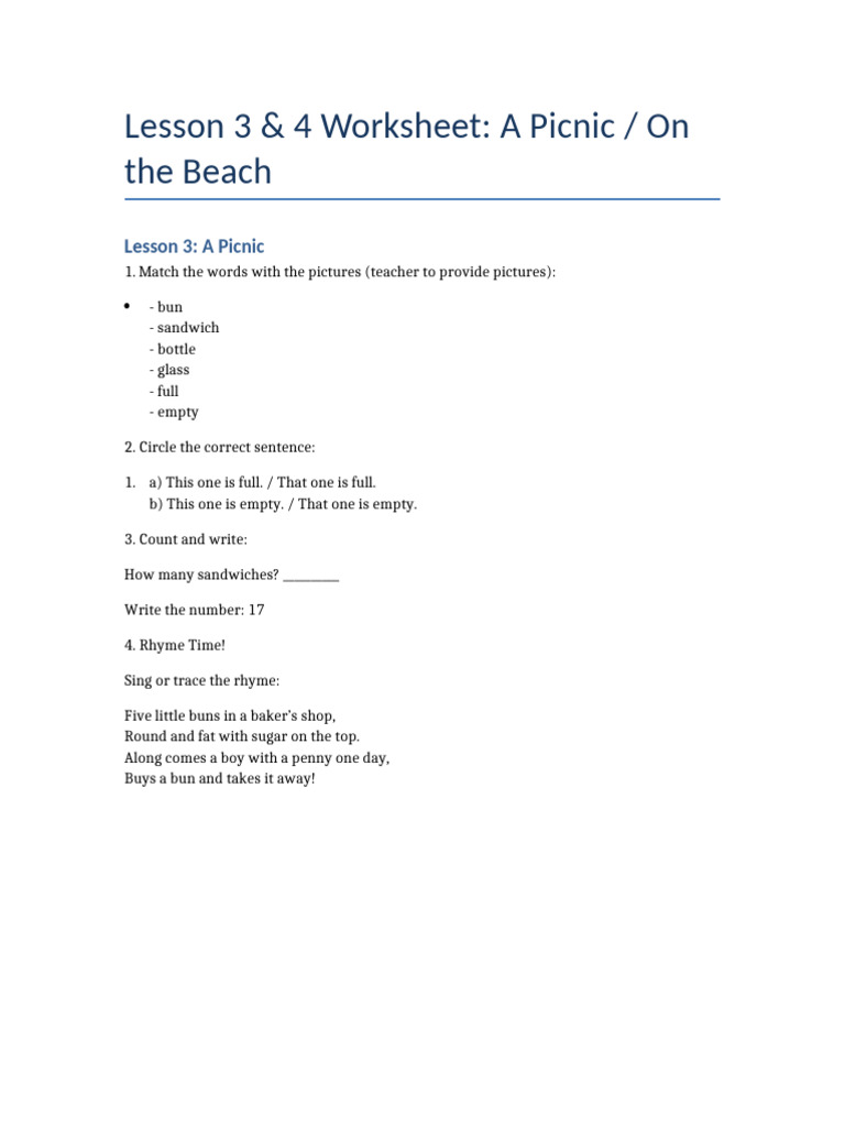 Lesson 3 4 Worksheet Picnic Beach | PDF