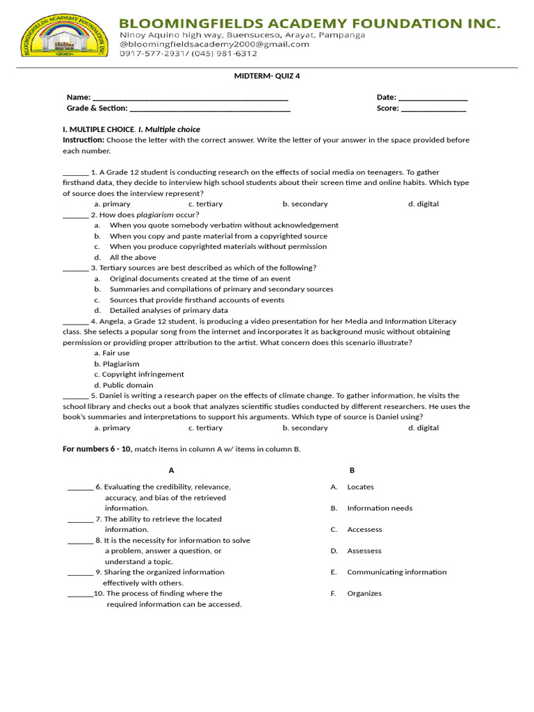Grade 12 Midterm Quiz on Research Ethics | PDF | Plagiarism | Information