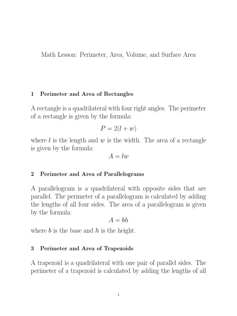 P L W L W A LW: 1 Perimeter and Area of Rectangles | PDF | Area | Rectangle