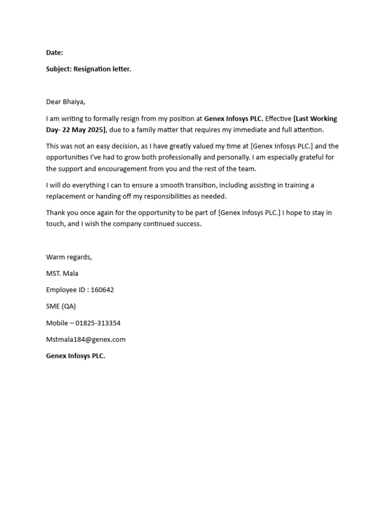 QA Mala Resignation Letter Genex | PDF