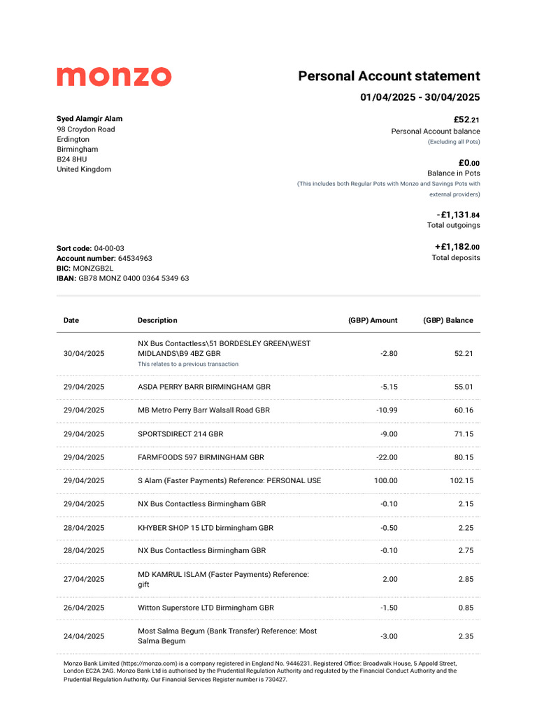 Monzo - Bank - Statement - 2025 04 01 2025 04 30 - 8758 | PDF ...