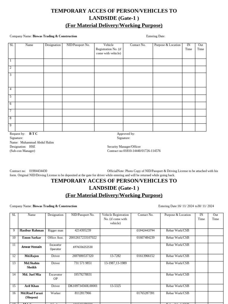 Temporary Access Request for Vehicles | PDF