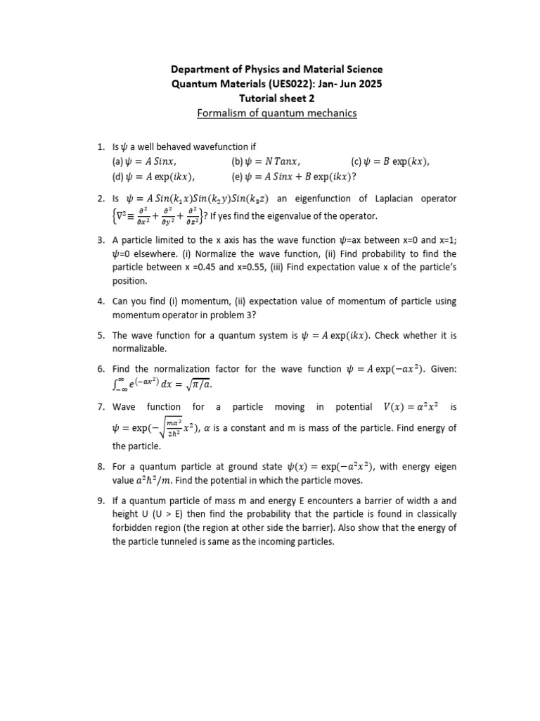 Tutorial 2 - Formalism of Quantum Mechanics | PDF