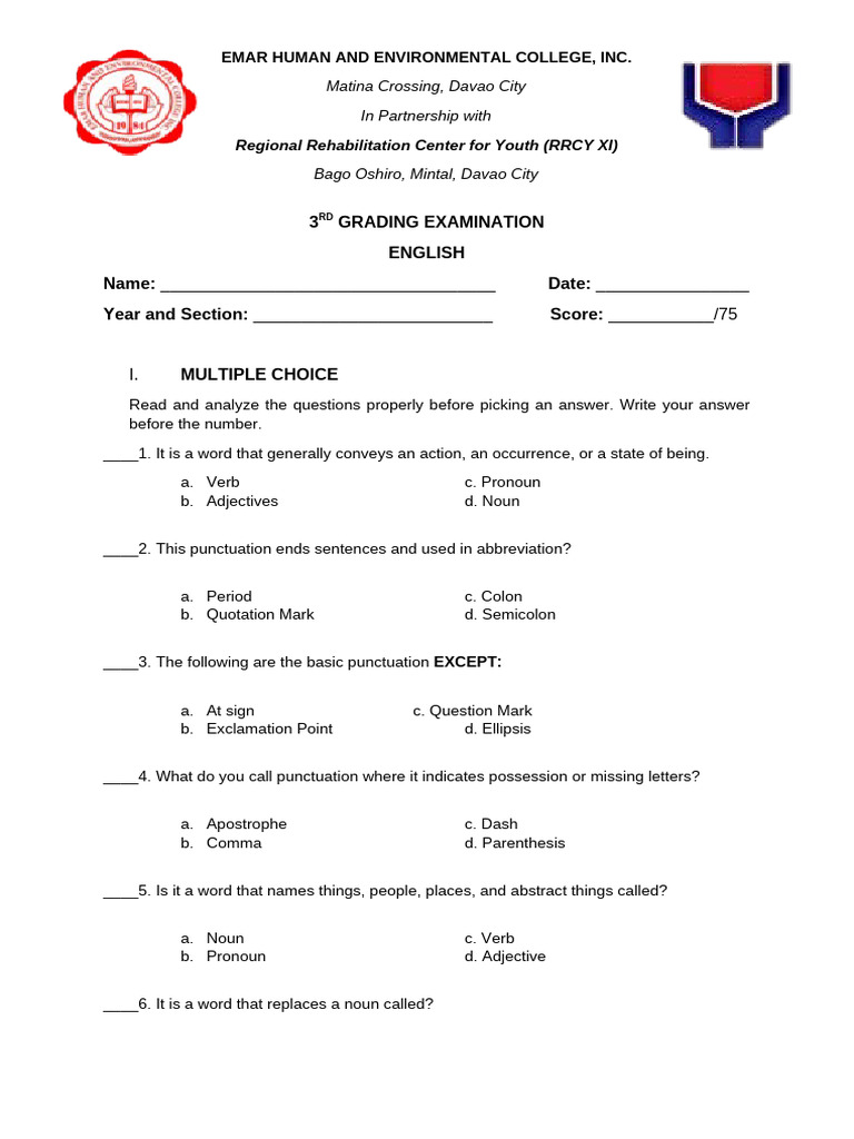 English Grading Exam for Students | PDF | Ellipsis | Noun