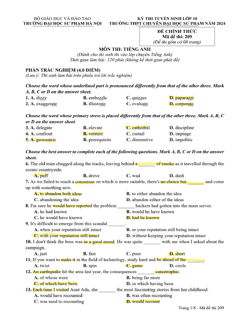 Đề CSP 2024-2025 (Sửa Part 2) Chuyên Anh Tutorials | PDF
