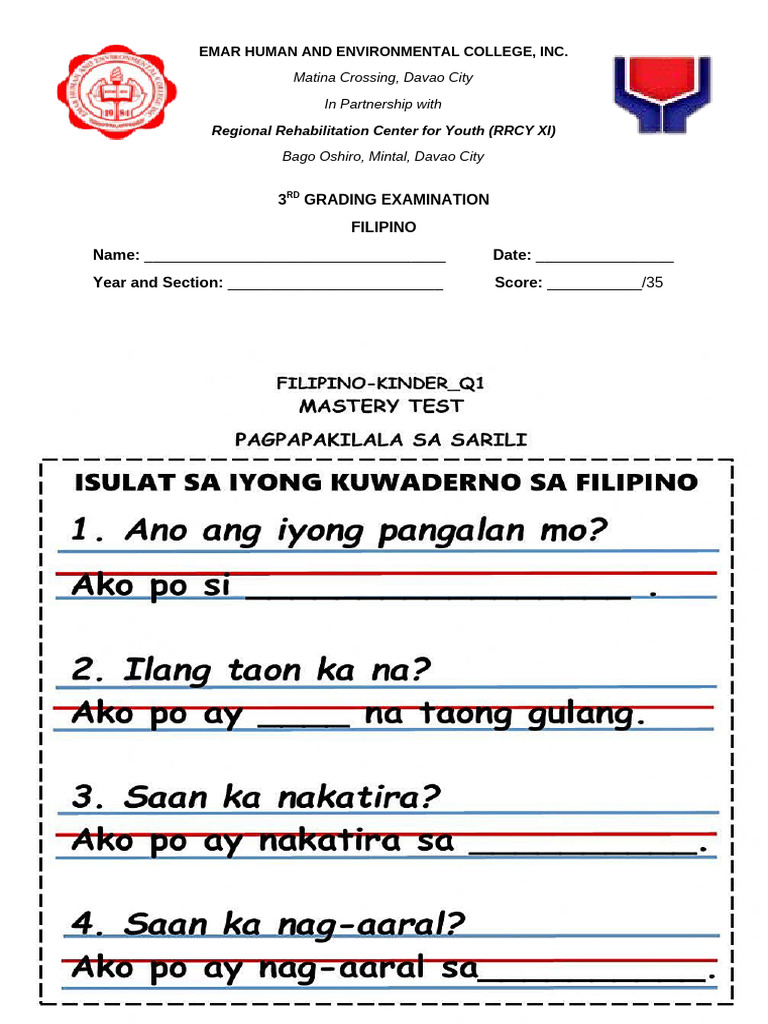 3RD GRADING EXAMINATION KINDER FILIPINO | PDF