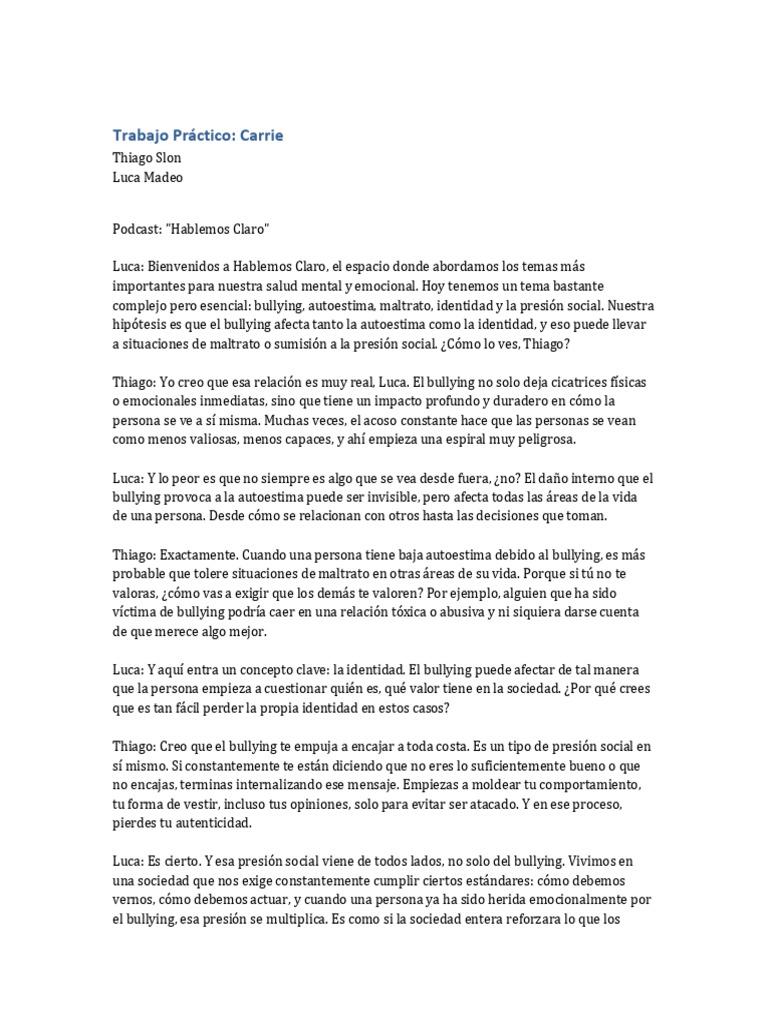 Trabajo Practico Carrie | PDF | Abuso infantil | Autoestima