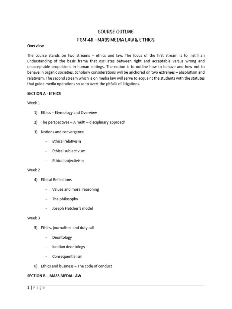 Mass Media Law & Ethics Course Outline | PDF | Defamation | Civil ...