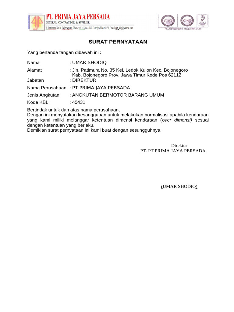Surat Pernyataan Over Dimensi PJP | PDF