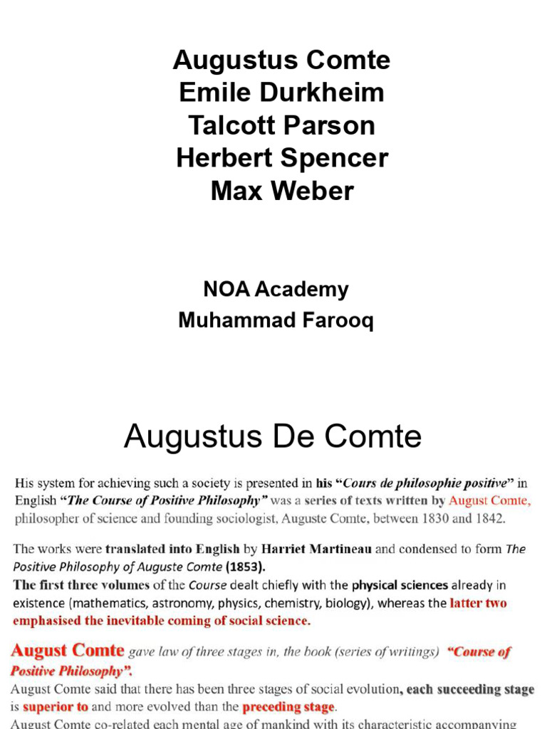 CSS SOC Lec 9 Comte Durkheim Weber Parson | PDF | Max Weber | Émile Durkheim