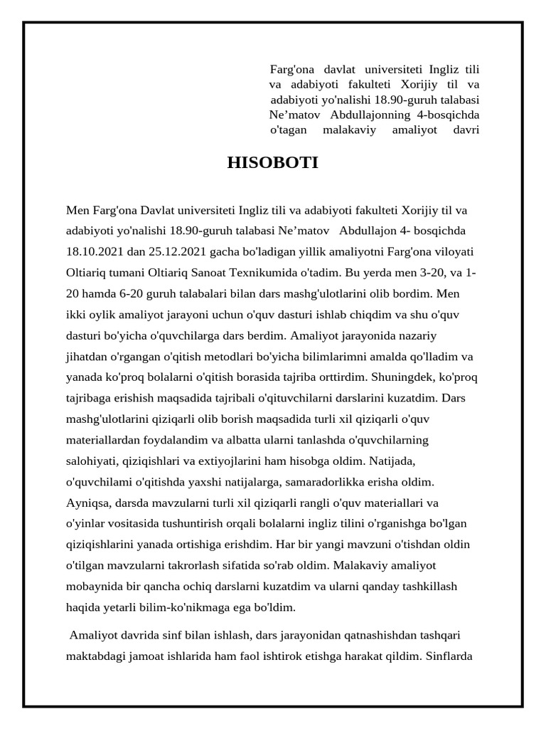 Malaka Hisobot | PDF