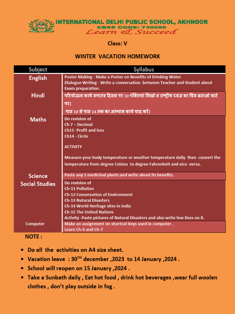 Winter Vacation Homework | PDF