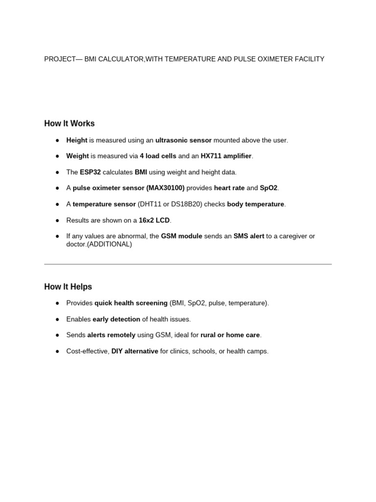 PROJECT— BMI CALCULATOR,WITH TEMPERATURE AND PULSE OXIMETER FACILITY | PDF