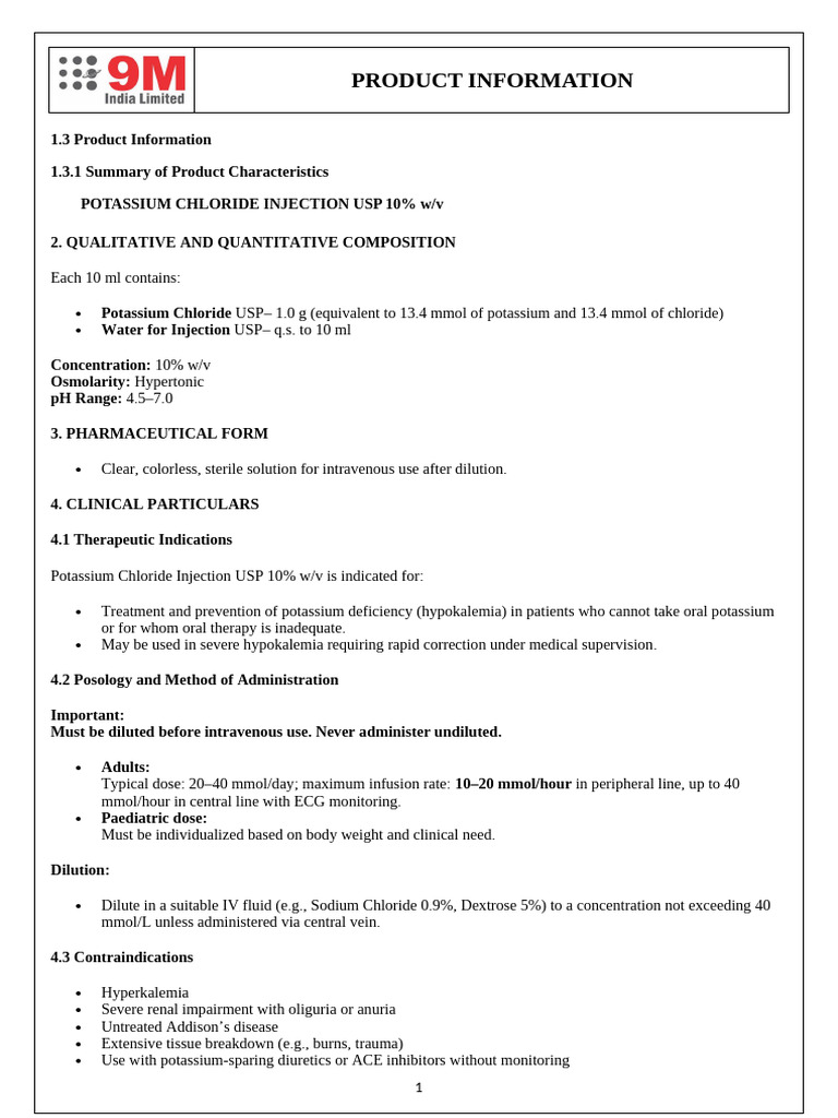 Product Summary of Potessium Chloride 10 injection | PDF | Intravenous ...