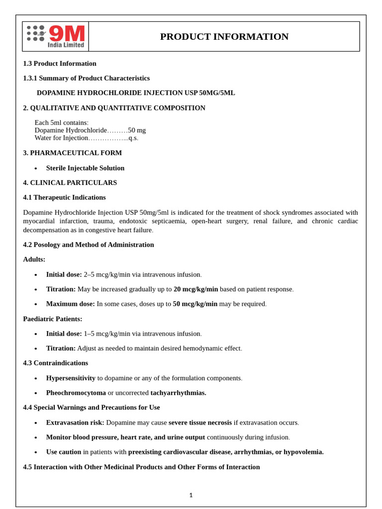Product Summary of DOPAMINE HCL INJECTION USP | PDF | Dopamine ...