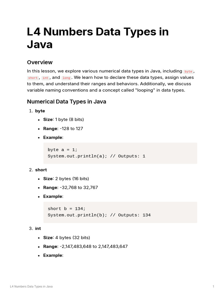 L4 Numbers Data Types in Java | PDF | Integer (Computer Science) | Data Type