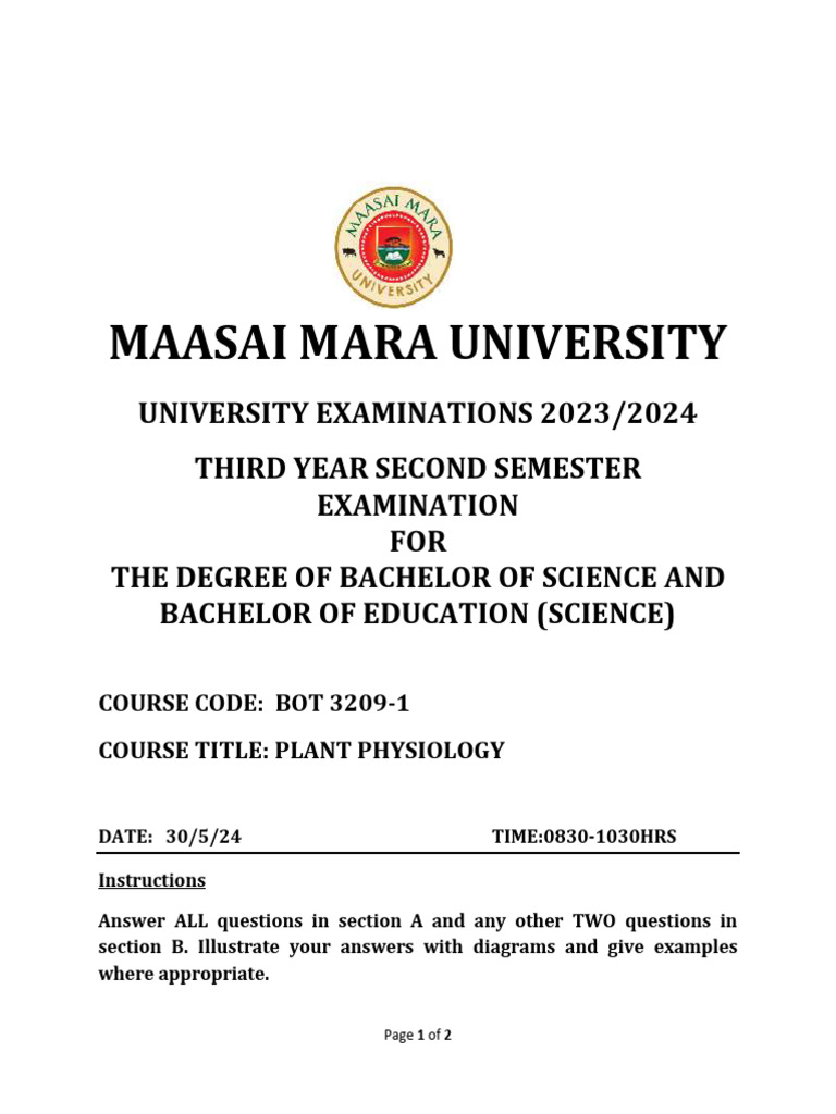 BOT 3209 Plant Physiology Exam | PDF | Plant Physiology | Photosynthesis