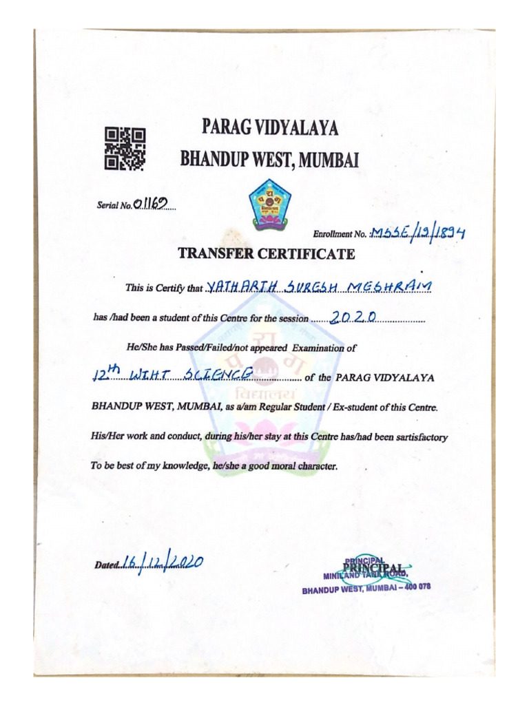 12th Transfer Certificate | PDF