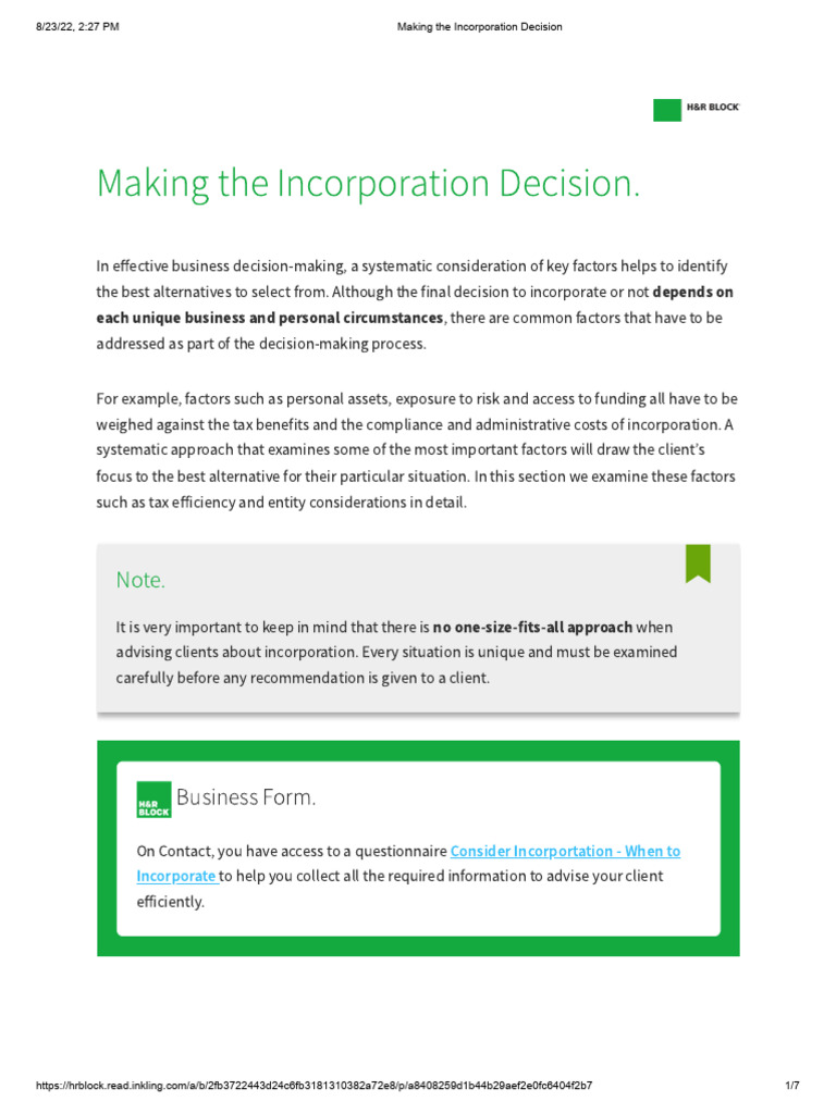 Making The Incorporation Decision | PDF | Taxes | Corporations